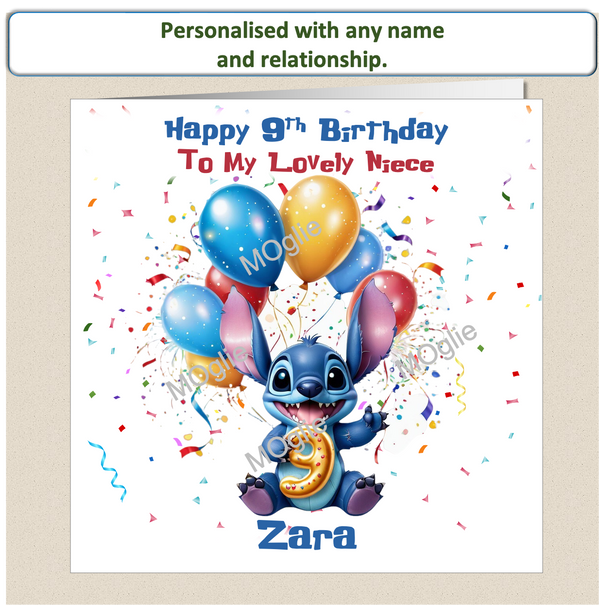 Personalised Lilo and Stitch 9th Birthday Cards with name and relation ...